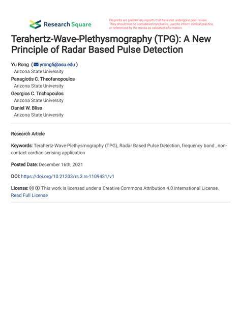 Pdf Terahertz Wave Plethysmography Tpg A New Principle Of Radar