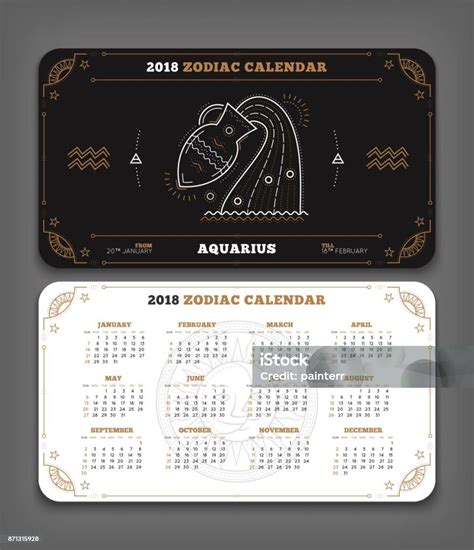 물병자리 2018 년 조디악 달력 포켓 크기 가로 레이아웃 더블 사이드 흑백 색상 디자인 스타일 벡터 개념 그림 0명에 대한 스톡 벡터 아트 및 기타 이미지 Istock