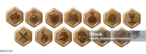 Rpg 게임 아이콘 세트 벡터 육각형 Ui 배지 키트 모바일 앱 버튼 컬렉션 건강 치유 기호 Brand Name Video