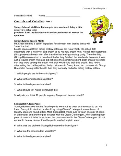 Controls And Variables Worksheet Spongebob Edition