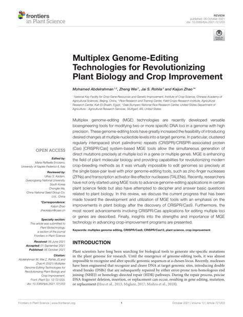 Pdf Multiplex Genome Editing Technologies For Revolutionizing Plant