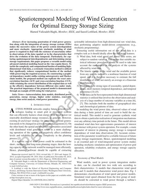 Pdf Spatiotemporal Modeling Of Wind Generation For Optimal Energy