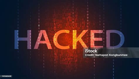 추상적 인 바이너리 신호 또는 빨간색 디지털 배경에서 바이러스 맬웨어 또는 해커에 의해 해킹 경고를 받습니다 개념에 대한 스톡