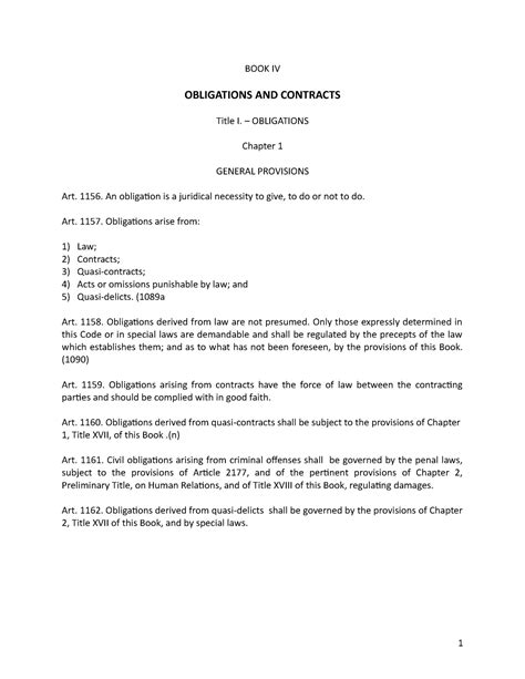 Book Iv Law In Obligations And Contracts Articles Summary Book Iv Obligations And Contracts