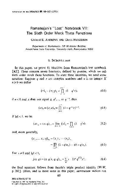 Pdf Ramanujans “lost” Notebook Vii The Sixth Order Mock Theta Functions