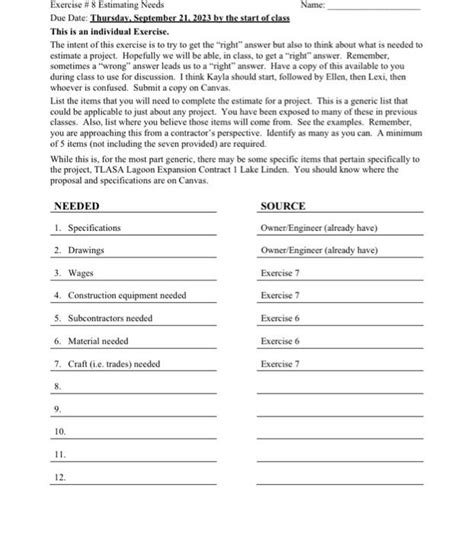 Solved Exercise 8 Estimating Needs Name Due Date