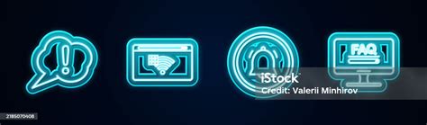 회선 말풍선 느낌표 인터넷 연결 없음 버튼 채팅 알림 및 Faq 정보 모니터링을 설정합니다 빛나는 네온 아이콘입니다 벡터