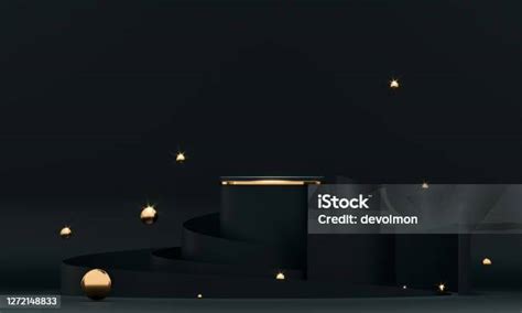 3d 렌더링 블랙 포디움 지오메트리와 골드 요소 제품 프리젠 테이션 빈 연단 최소한의 장면 라운드 스텝 플로어 추상 구성 빈 쇼케이스 받침대 플랫폼 디스플레이 0명에 대한
