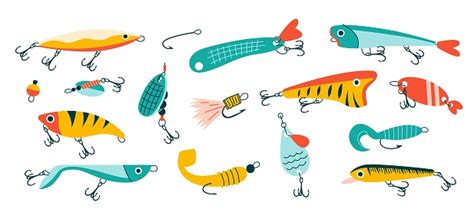낙서 낚시 미끼 낚시꾼을위한 다양한 크기와 모양의 추상적 인 현대 어업 미끼 후크가 있는 손으로 그린 피셔 액세서리 벡터 절연