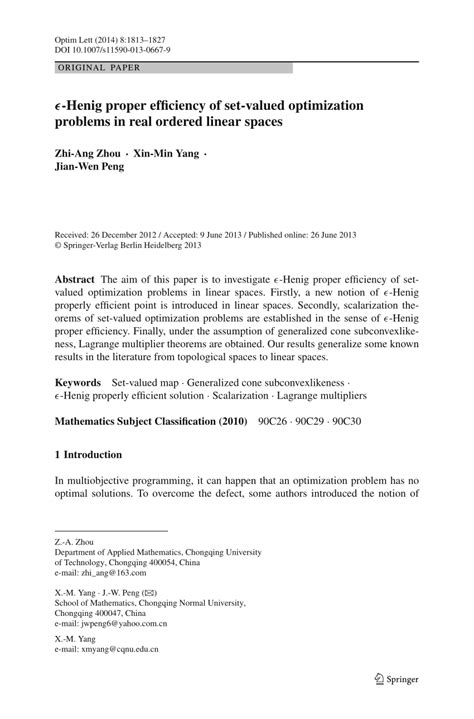 Pdf ε Henig Proper Efficiency Of Set Valued Optimization Problems In Real Ordered Linear Spaces