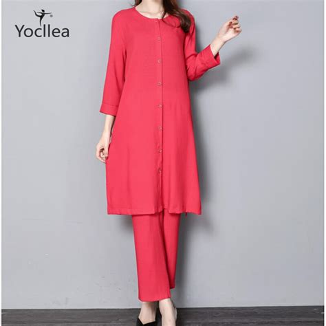 신제품 빈티지 솔리드 컬러 캐주얼 O 넥 3 쿼터 롱 탑스 발목 길이 바지 정장 여성용 5xl 2 피스세트 Ny456