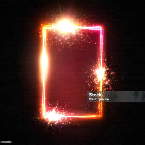 어두운 검은 벽돌 벽에 붉은 빛 별 입자 폭발과 사실적인 3d 사각형 네온 프레임 사각형 모양의 빛나는 거리 표지판 색상 템플릿