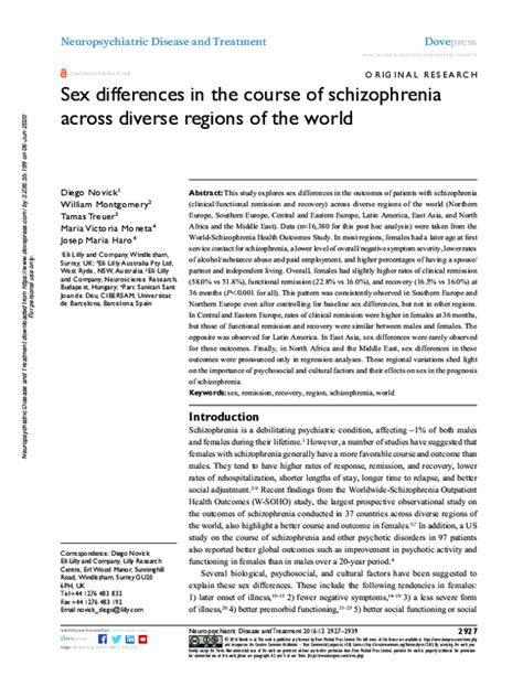 Pdf Sex Differences In The Course Of Schizophrenia Across Diverse Regions Of The World