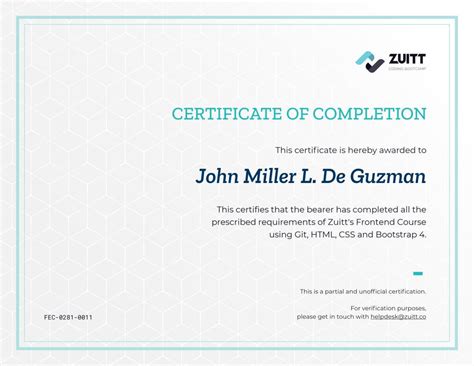 Zuitt Coding Bootcamp Certificate Of Completion John Miller De Guzman