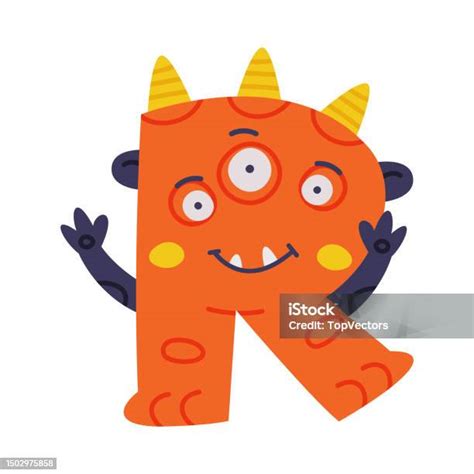 몬스터 알파벳 대문자 R 부풀어 오른 눈과 뿔 벡터 일러스트레이션 가득 찬에 대한 스톡 벡터 아트 및 기타 이미지 가득 찬