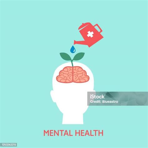 앞눈에 뇌와 성장 식물 인간의 머리의 실루엣 남자 머리 위에 물을 식물 정신 건강 관리 개념 벡터 일러스트레이션 심리 치료 및 치료 정신 건강에 대한 스톡 벡터 아트 및