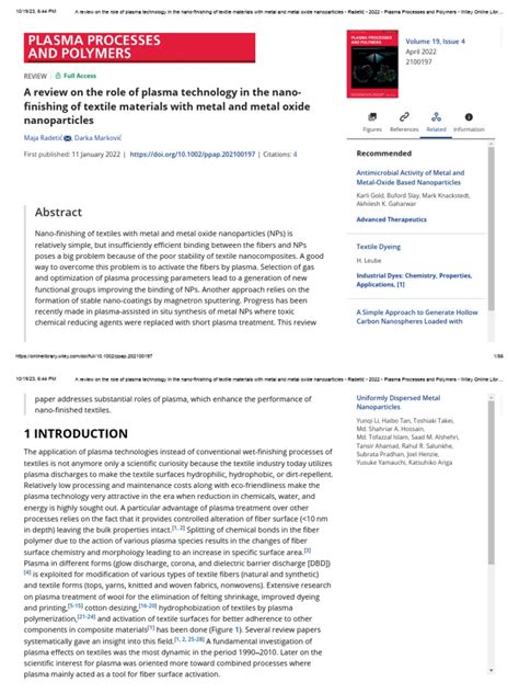 A Review On The Role Of Plasma Technology In The Nano‐finishing Of Textile Materials With Metal