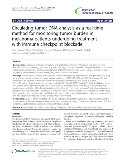 Pdf Circulating Tumor Dna Analysis As A Real Time Method For