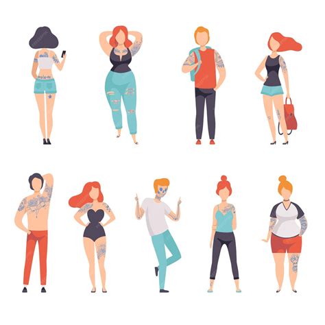 Premium Vector People Wearing Clothes With Tattoos Set Men And Women