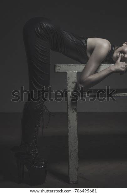 Sexy Woman Latex Catsuit Posing Table Stock Photo Shutterstock