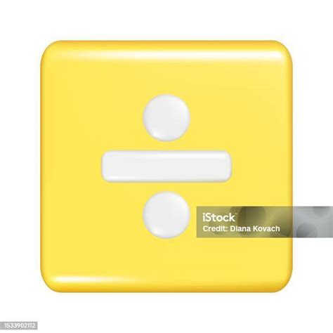 분할 기호가 있는 사실적인 3d 노란색 사각형 모양입니다 장식적인 사각형 단추 아이콘 교육 수학 요소가 있는 단추 기호 흰색 배경에 분리된 추상 벡터 그림 3차원 형태에