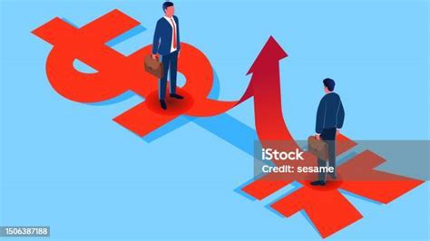 세계 경제 발전과 경쟁 사업 협력 또는 사업 경쟁 공동 개발 사업 성공 달러 기호와 엔화의 상향 발전의 화살표에 서있는 등각 투영 사업가 가격에 대한 스톡 벡터 아트 및