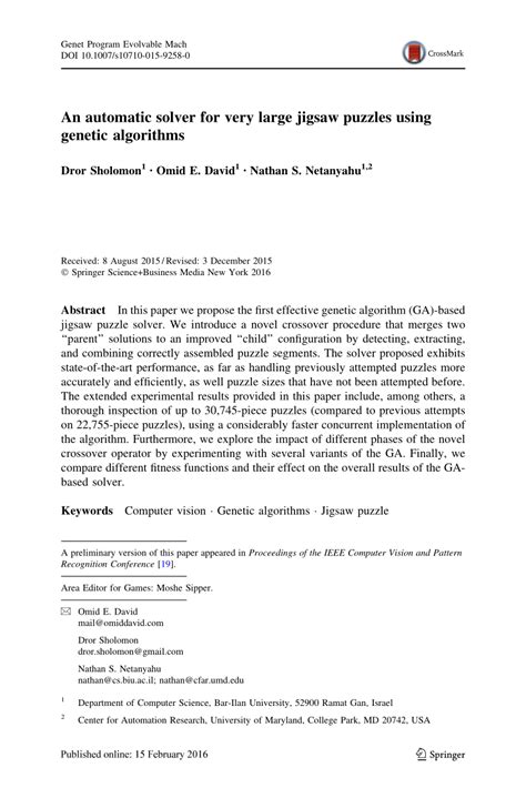 Pdf An Automatic Solver For Very Large Jigsaw Puzzles Using Genetic