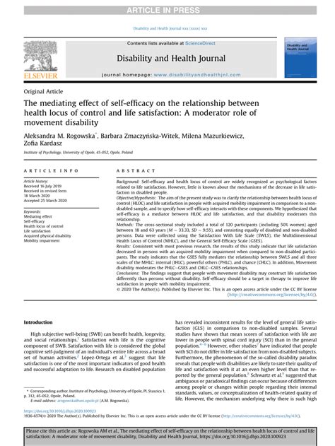 Pdf The Mediating Effect Of Self Efficacy On The Relationship Between Health Locus Of Control