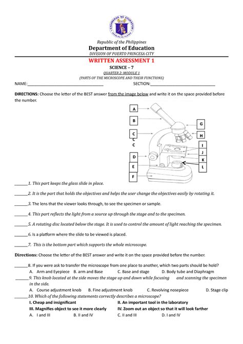 Microscope Quiz Worksheet Republic Of The Philippines Department Of Education Division Of