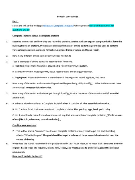 Protein Worksheet Pdf Legume Proteins