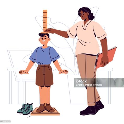 소아과 의사가 사내 아이의 성장을 측정합니다 메딕이 병원에서 아이를 검사하고 있다 유니폼을 입은 소아과 의사는 높이 측정기로 작업합니다 어린이 건강 관리 흰색에 평평한 고립
