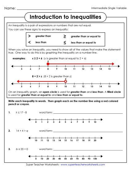 Single Variable Inequalities Worksheets