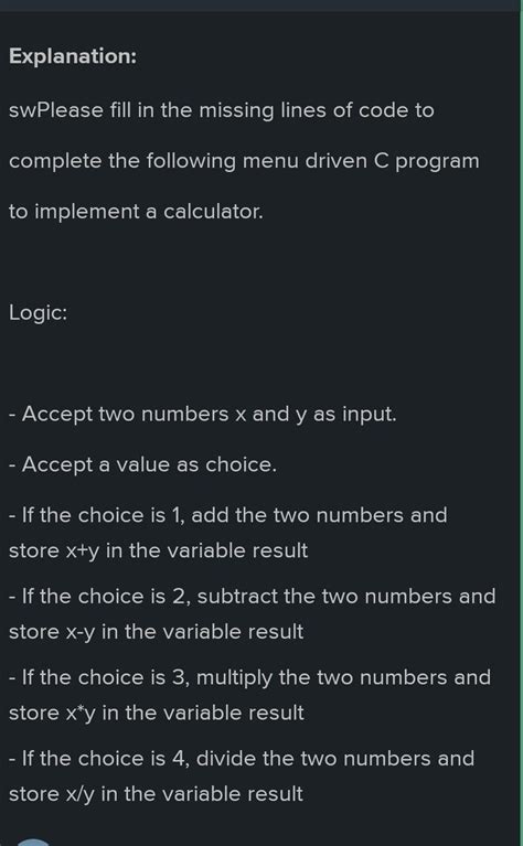 Please Fill In The Missing Lines Of Code To Complete The Following Menu