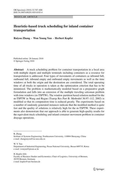 Pdf Heuristic Based Truck Scheduling For Inland Container Transportation