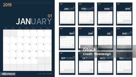 2019 새 해 달력의 벡터 깨끗 한 최소한의 테이블 간단한 스타일과 감색 색상 휴일 이벤트 플래너 주 시작 일요일 A4 세로 크기 설정 달력에 대한 스톡 벡터 아트 및