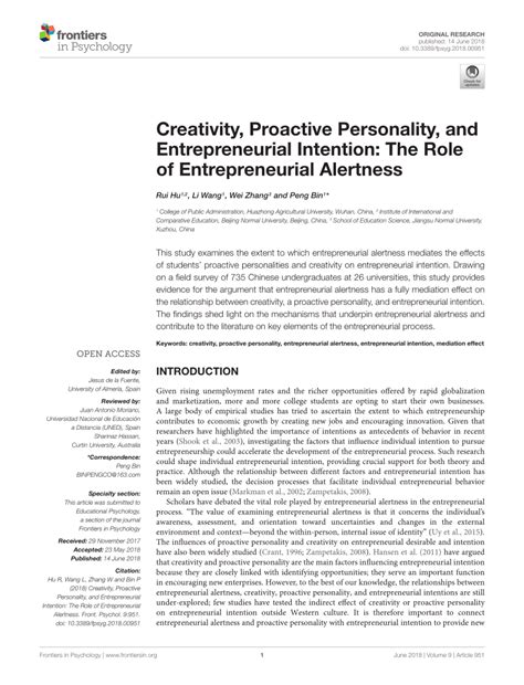 Pdf Creativity Proactive Personality And Entrepreneurial Intention The Role Of