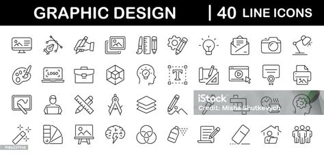 그래픽 디자인 라인 스타일의 웹 아이콘 집합입니다 웹 및 모바일 앱을 위한 그래픽 디자인 아이콘입니다 디지털 아트 창의성 도구