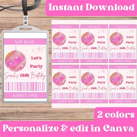 Vip Party Pass Badge Disco In My Birthday Era Personalizable Instant