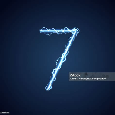 파란색 번개 스타일 문자 또는 알파벳 7 번개와 벼락 또는 전기 글꼴 파란색 배경에 글로우 및 반짝임 효과 벡터 디자인 개념에