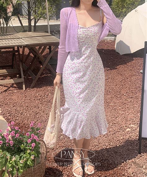 라라런드리 라벤더색감 팬지 플라워 잔꽃 뷔스티에 나시 롱 원피스 가디건 세트