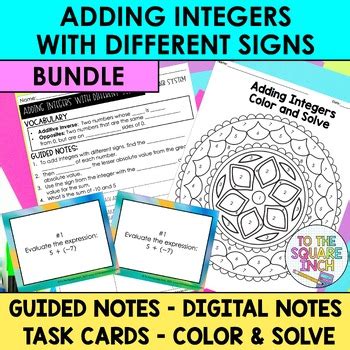 Adding Integers With Different Signs Notes Activities Task Cards