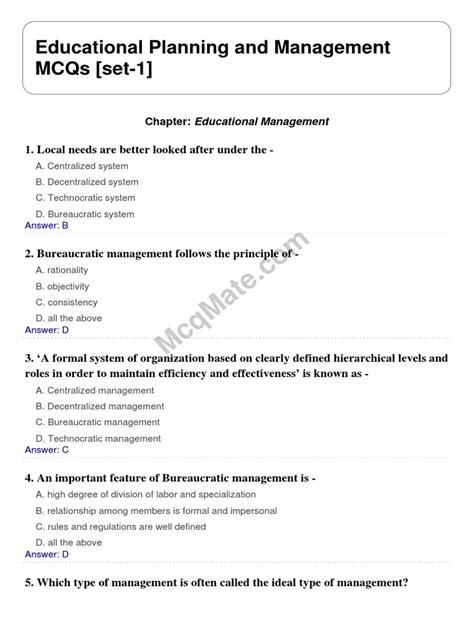 educational planning and management chapter educational management solved mcqs set 1