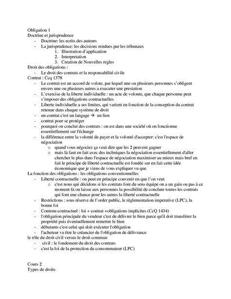 Obligation 1 Intra Note De Cours Avec Questions Pratiques Et Révision Et Jurisprudence Alain