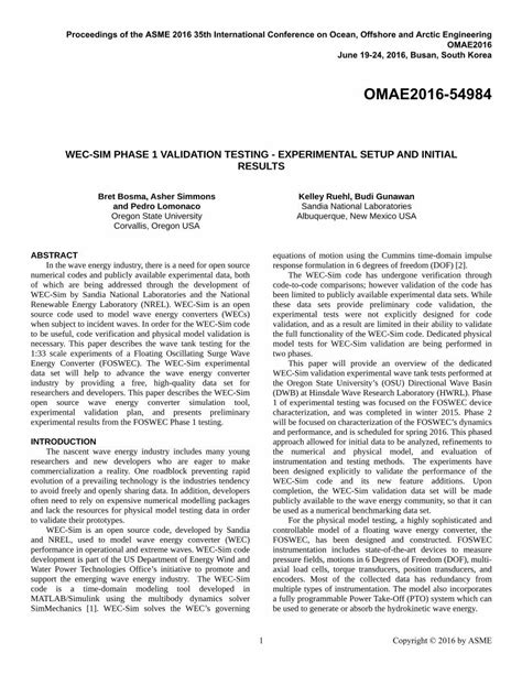 Pdf Wec Sim Phase 1 Validation Testing Experimental Setup And