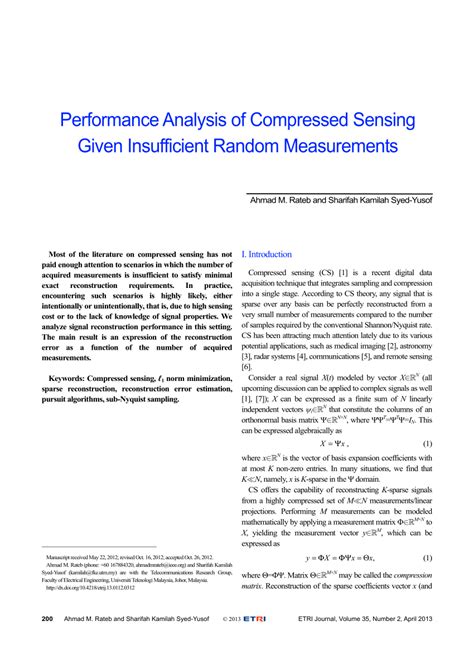 Pdf Performance Analysis Of Compressed Sensing Given Insufficient Random Measurements