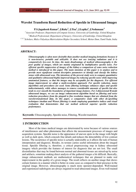 Pdf Wavelet Transform Based Reduction Of Speckle In Ultrasound Images