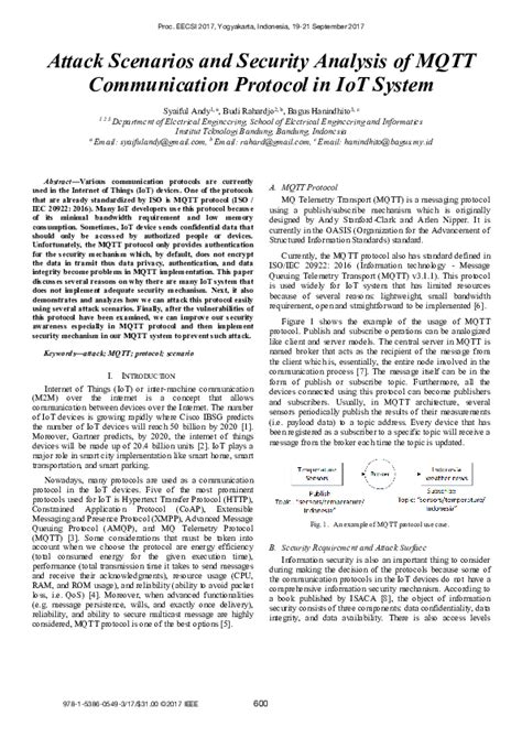 Pdf Attack Scenarios And Security Analysis Of Mqtt Communication Protocol In Iot System