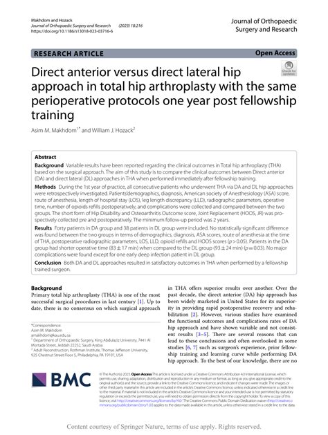 Pdf Direct Anterior Versus Direct Lateral Hip Approach In Total Hip