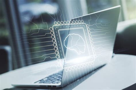 現代のラップトップの背景に人間の脳のホログラムを使用した創造的な人工知能のコンセプト プレミアム写真