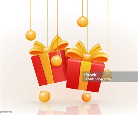 밧줄에 매달려 있는 금색 공 요소가 있는 3d 벡터 현실적인 빨간색 선물 상자 황금 공과 그림자가 있는 선물 상자는 흰색 배경에 분리되어 있다 3차원 형태에 대한 스톡 벡터